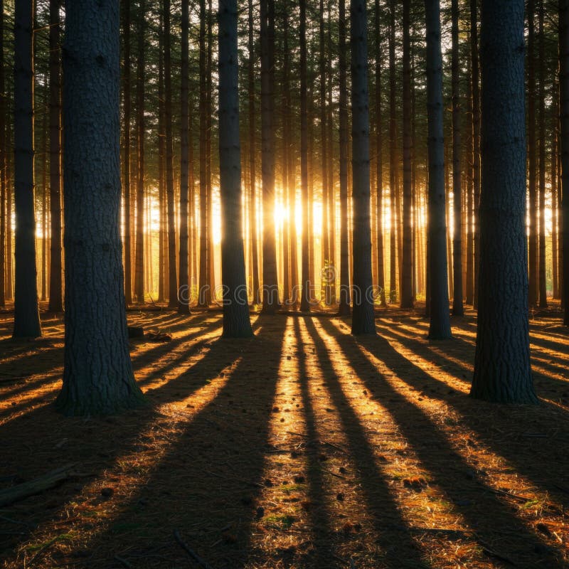 Sunset Rays through Tall Pine Trees in Forest Stock Illustration ...