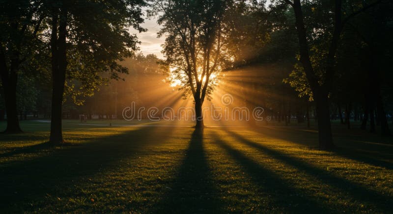 Sunset Rays through Trees in a Park Stock Illustration - Illustration ...