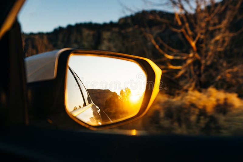 Sunset in a Rear View Mirror in Nevada Stock Image - Image of ...