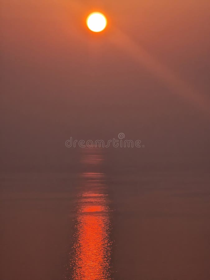 Sunset Red Sun Rays Trail on the Sea Stock Photo - Image of lake ...