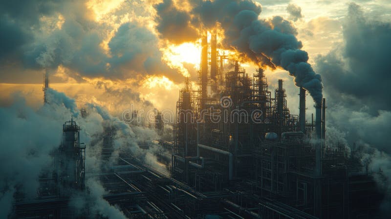 Sunset Refinery Pollution Aerial Industrial Smog Stock Illustration ...