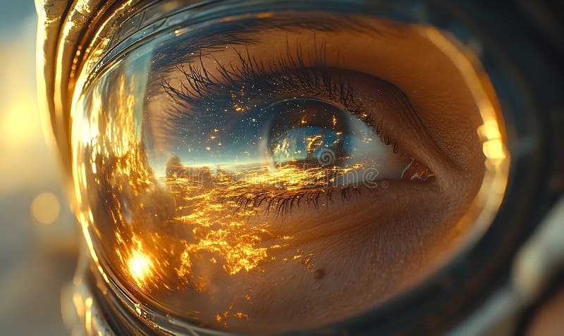 Sunset Reflected in Eye Behind Goggles, Vibrant Colors Stock Image ...