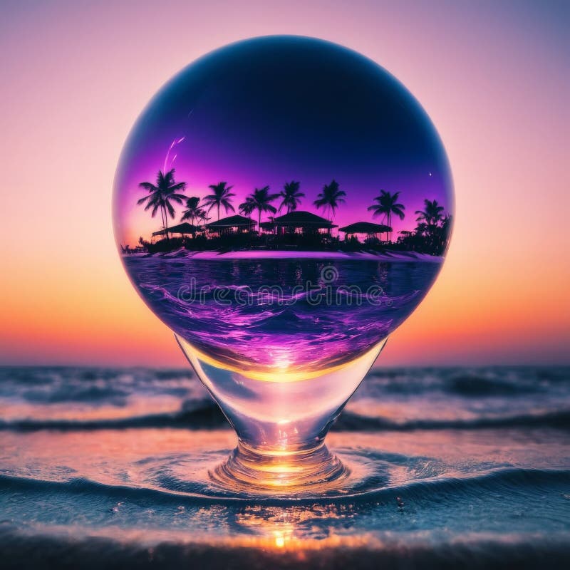 Sunset Reflected in Glass Sphere on Beach Stock Image - Image of sunset ...