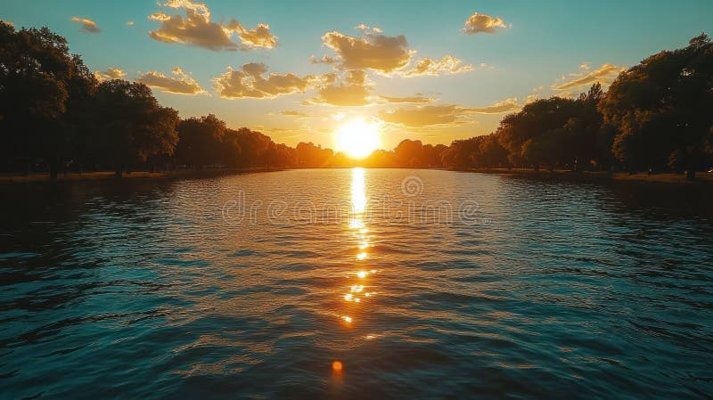 Sunset Reflecting on Calm Lake, Trees, Idyllic Scene Stock Illustration ...