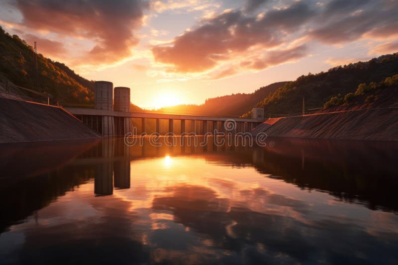 Sunset Reflecting Off a Hydroelectric Dams Reservoir Stock Illustration ...
