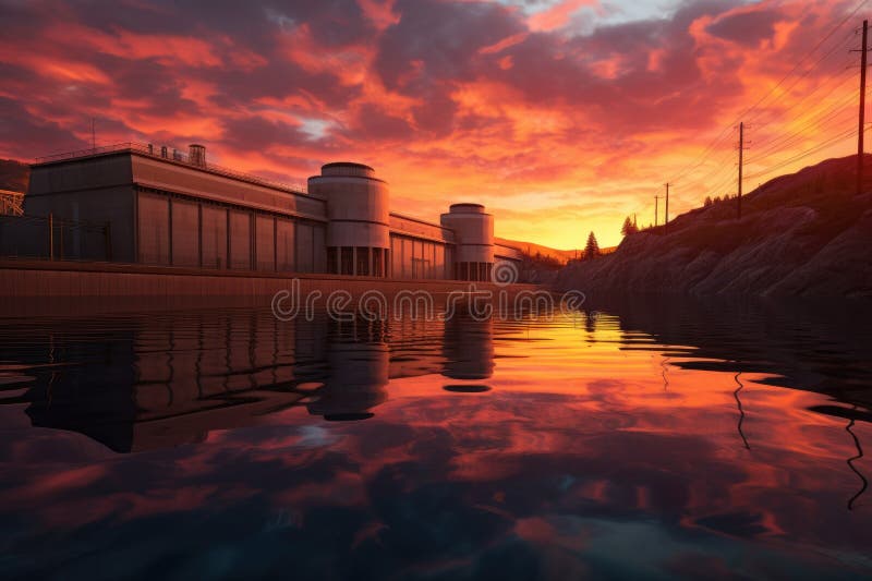 Sunset Reflecting Off a Hydroelectric Dams Reservoir Stock Image ...