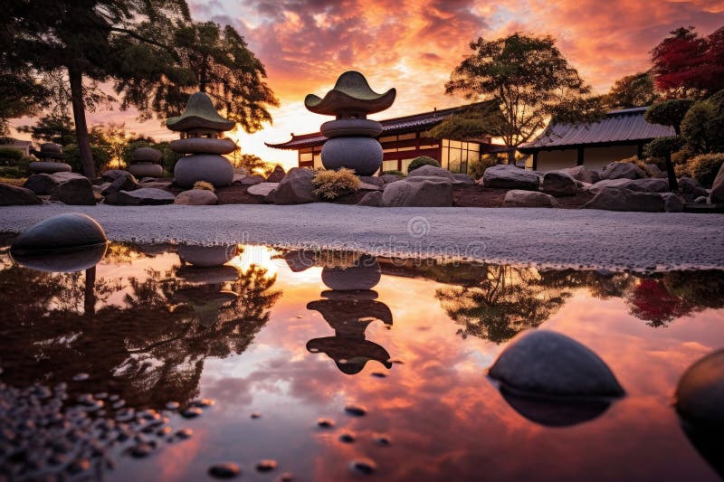 Sunset Reflecting on a Peaceful Zen Garden with Stones Stock ...