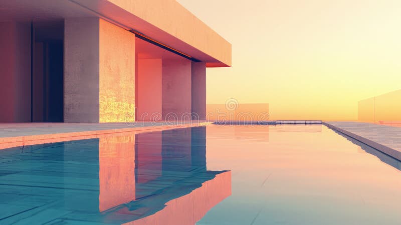 Sunset Reflecting on the Tranquil Waters of a Modern Infinity Pool. 3D ...