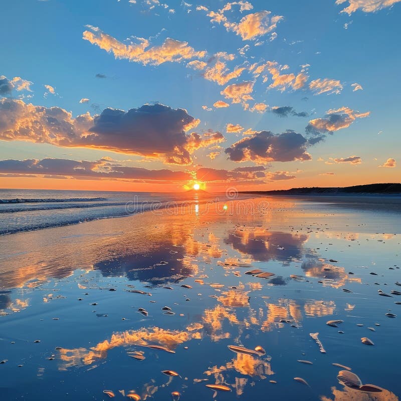 Sunset Reflection on the Beach Stock Illustration - Illustration of ...