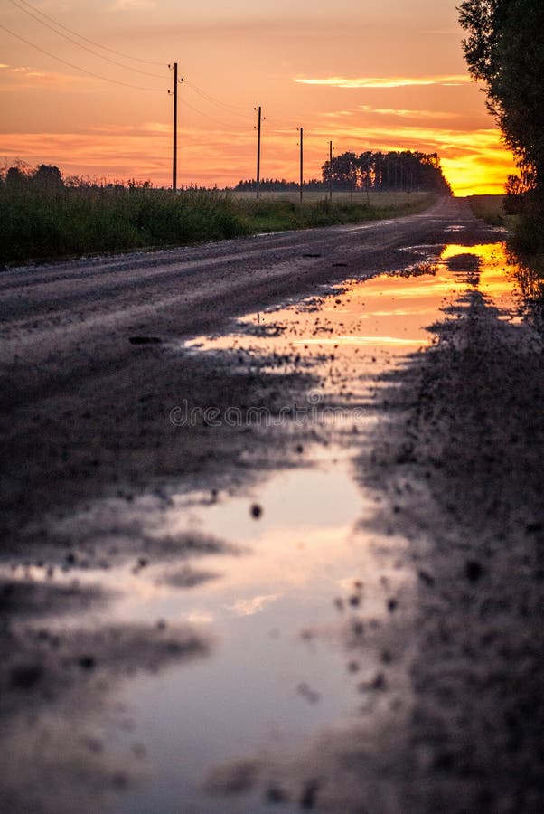 Sunset Reflection in a Big Puddle of Water Stock Photo - Image of ...