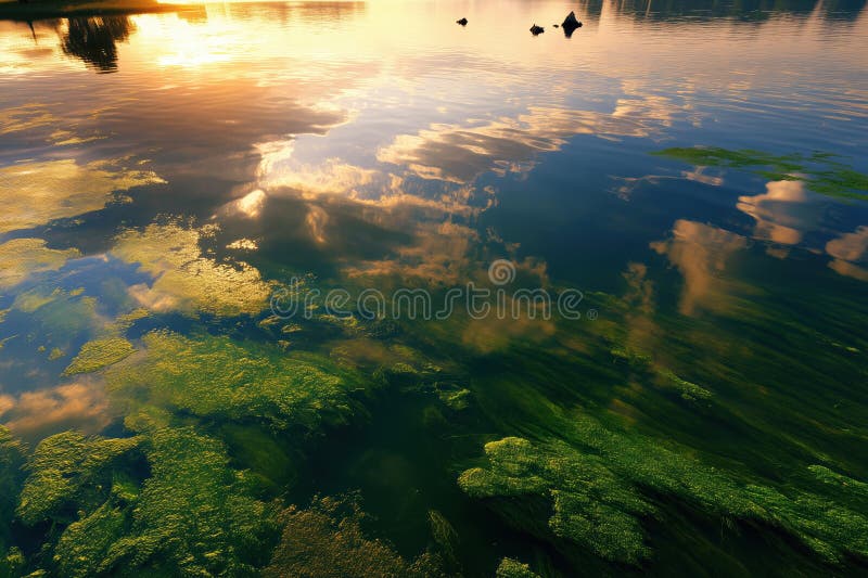 Sunset Reflection on Calm Water with Green Aquatic Plants Stock ...