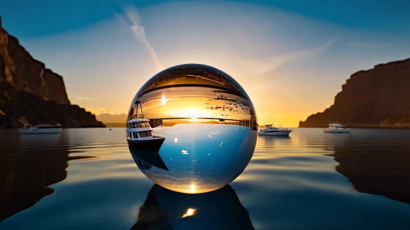 Sunset Reflection Captured in a Lens Ball by the Sea with Cliffs Stock ...