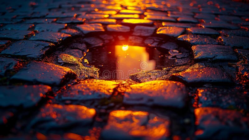 Sunset Reflection in Cobblestone Puddle, Generative AI Stock Image ...