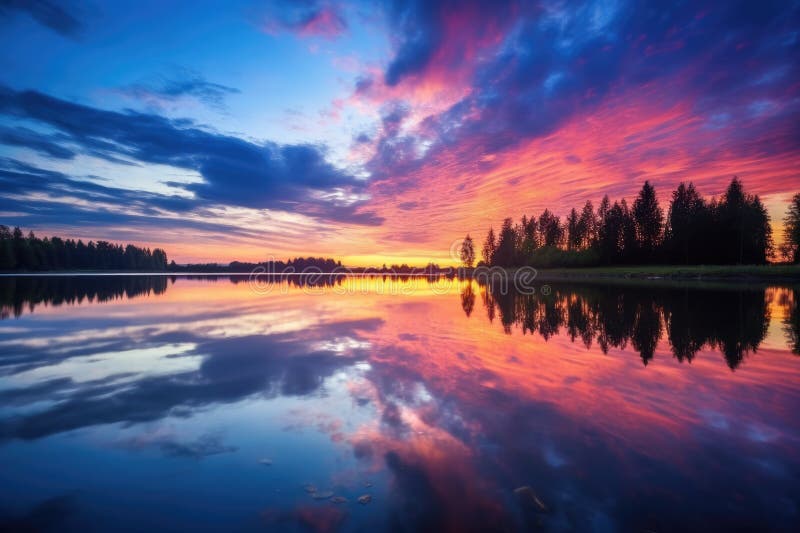 Sunset Reflection Creating Magical Colors on a Still Lake Stock Photo ...