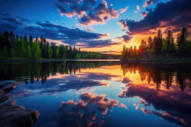 Sunset Reflection Creating Magical Colors on a Still Lake Stock ...