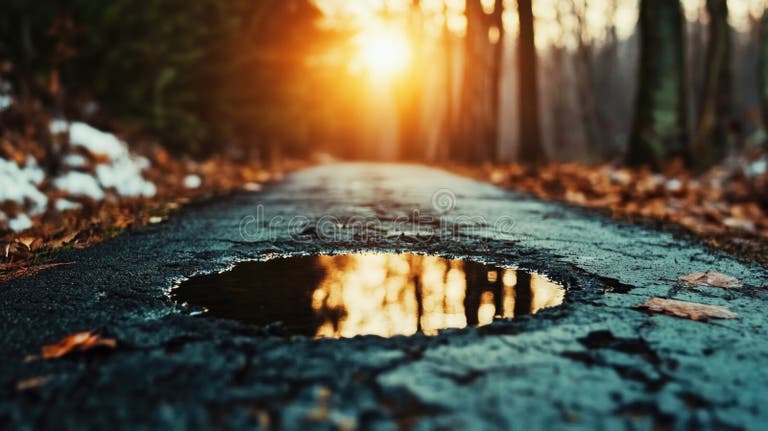 Sunset Reflection in Forest Pathway Puddle during Autumn Evening Stock ...