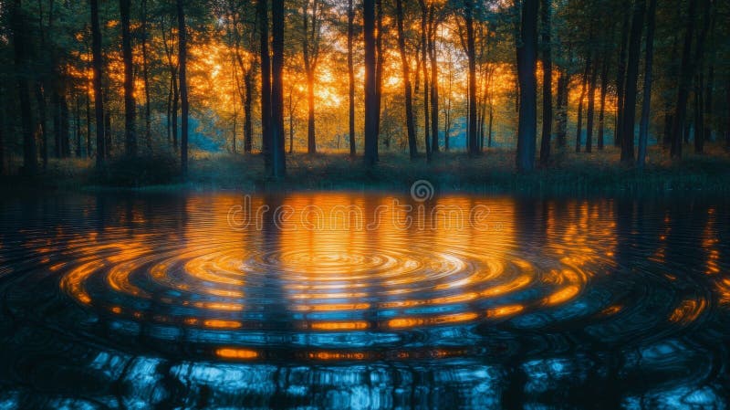 Sunset Reflection in Forest Pond Stock Illustration - Illustration of ...