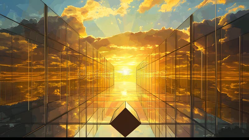 Sunset Reflection in a Glass Corridor Stock Image - Image of visual ...