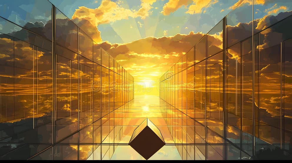 Sunset Reflection in a Glass Corridor Stock Image - Image of visual ...