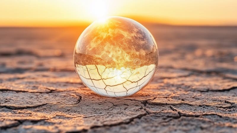Sunset Reflection in Glass Globe on Cracked Desert Earth Stock ...