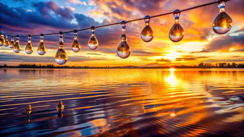 Sunset Reflection on Glass Ornaments Hanging Over Water. Generative AI ...