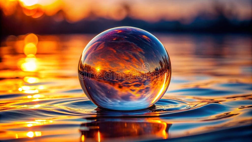 Sunset Reflection in a Glass Sphere on Water. Generative AI Stock ...