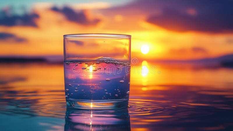 Sunset Reflection in Glass of Water, Vibrant Colors, Serene Atmosphere ...