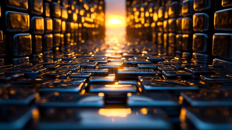 Sunset Reflection in a High-Tech Cityscape with Glowing Blocks Stock ...