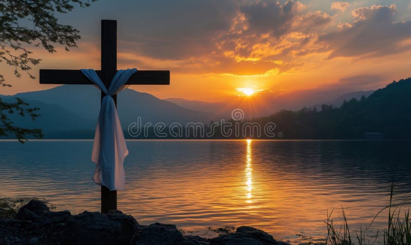 Sunset Reflection Lake Cross White Cloth Symbolizing Faith Hope Stock ...