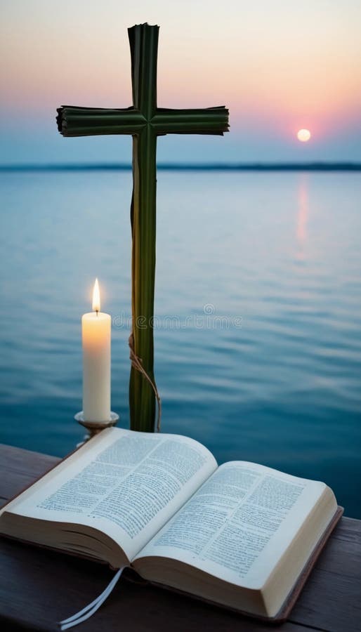 Sunset Reflection at the Lakeside with a Cross, Candle, and Open ...