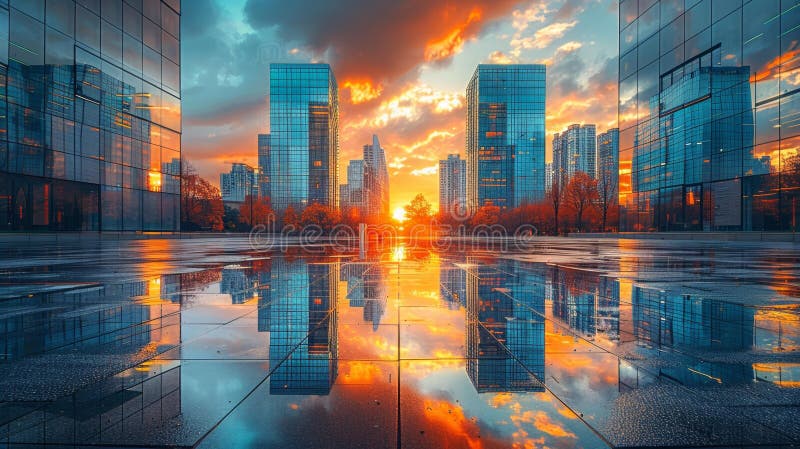 Sunset Reflection on Modern City Skyscrapers - Generative Ai Stock ...