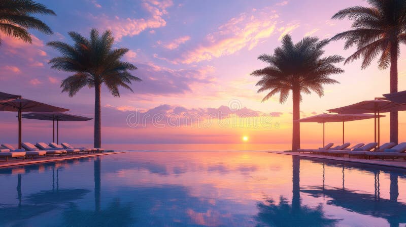 Sunset Reflection Over Infinity Pool with Tropical Palms Stock Image ...