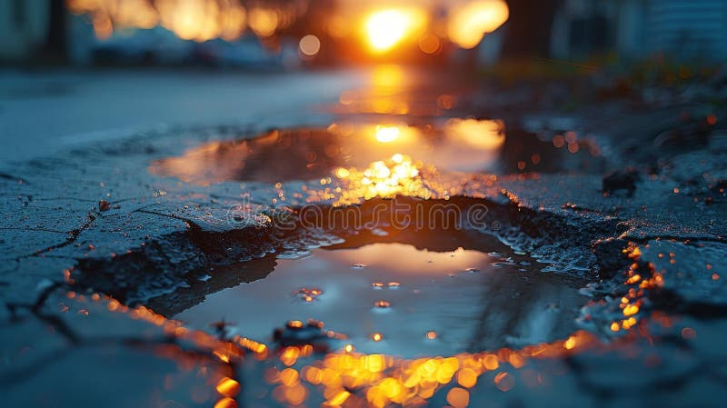 Sunset Reflection in Puddle - Generative Ai Stock Illustration ...