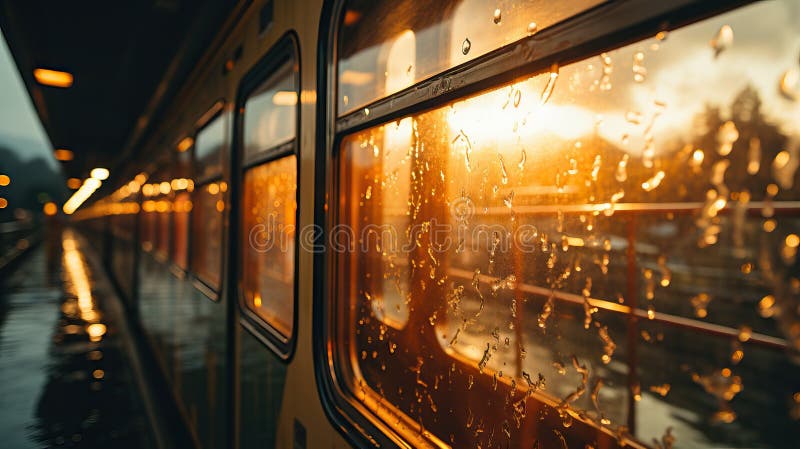 Sunset Reflection on a Rain-splattered Train Window, Emphasizing the ...