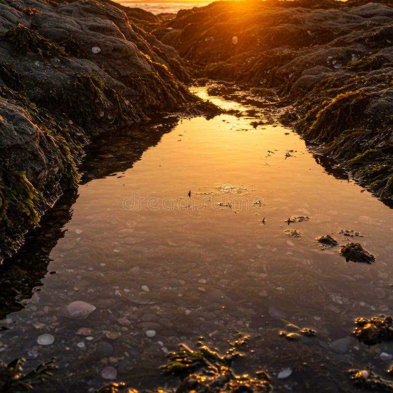 Sunset Reflection in Rocky Tide Pool Stock Illustration - Illustration ...