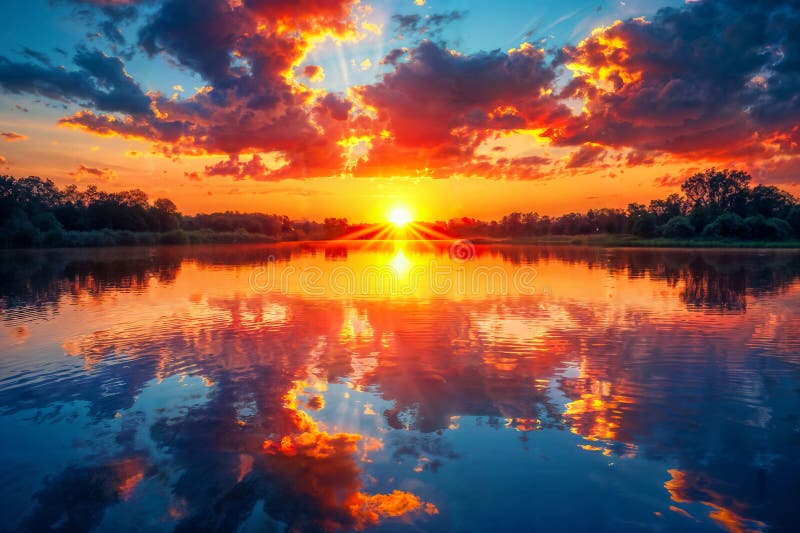 Sunset Reflection on Water, Nature Tranquil Scene Generated by AI Stock ...