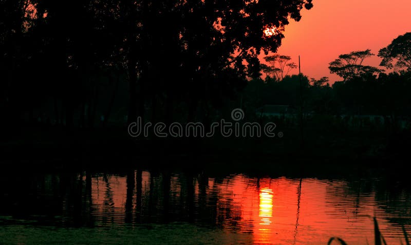 Sunset Reflection Water Pond Tree Home Rural Stock Image - Image of ...