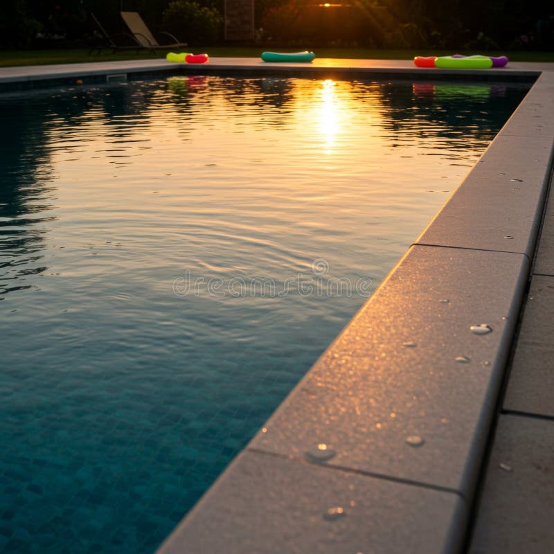 Sunset Reflections in a Backyard Swimming Pool Stock Image - Image of ...