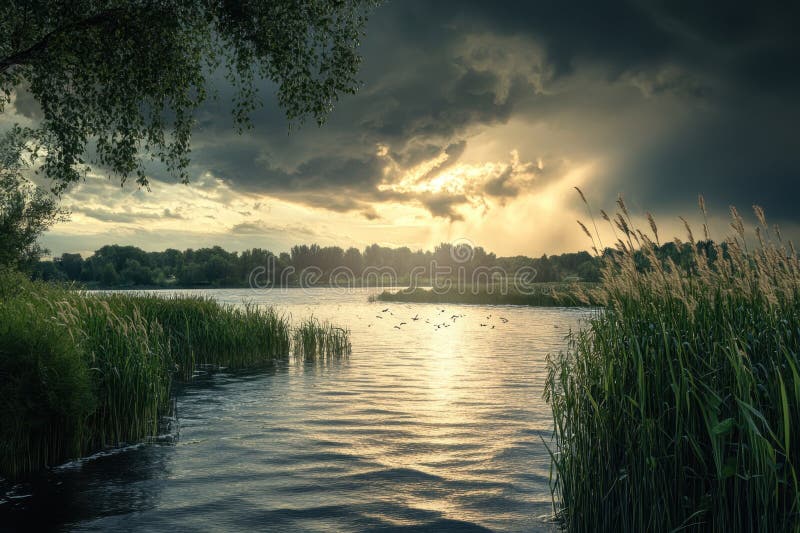 Sunset Reflections Over a Calm River Surrounded by Lush Greenery and ...