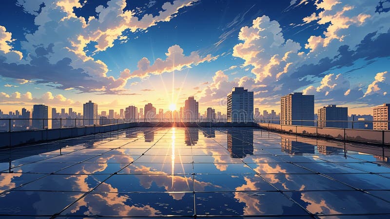 Sunset Reflections on Rooftop with Anime-Style City Skyline and ...