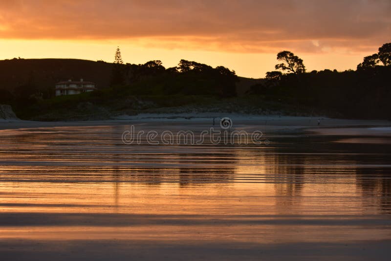 Sunset Reflections on Sandy Beach Stock Image - Image of golden, nature ...