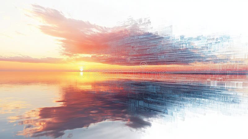 Sunset Reflects on Calm Water with Digital Overlay, Nature Meets ...