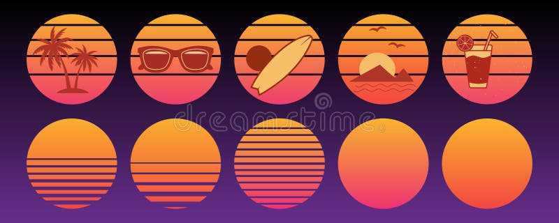 Sunset Retro Icon and Palm Tree Set, Vintage Sun in 80s Style, SVG ...