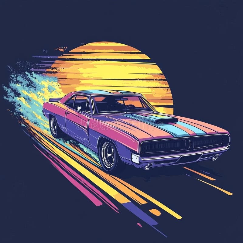At Sunset, a Retro Muscle Car is Speeding Down a Desert Road Stock ...