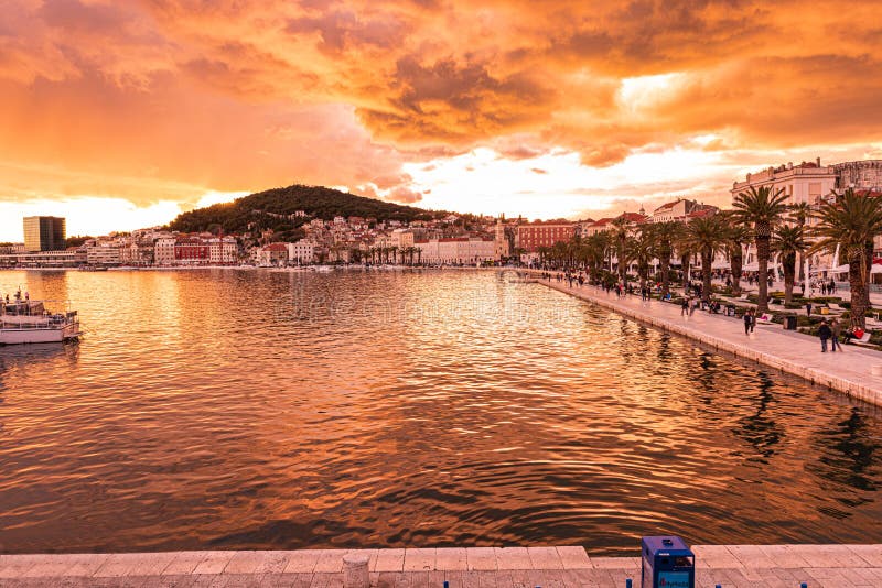 Sunset on the Riva Split Waterfront Editorial Stock Image - Image of ...
