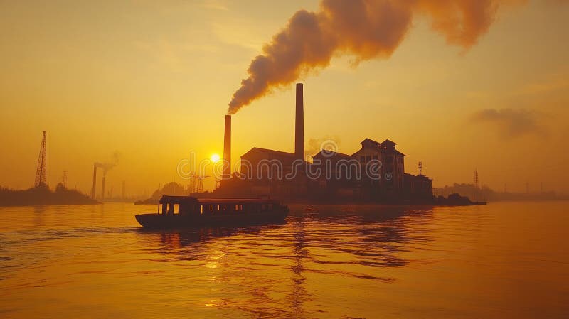 Sunset River Factory Pollution Boat Stock Illustration - Illustration ...