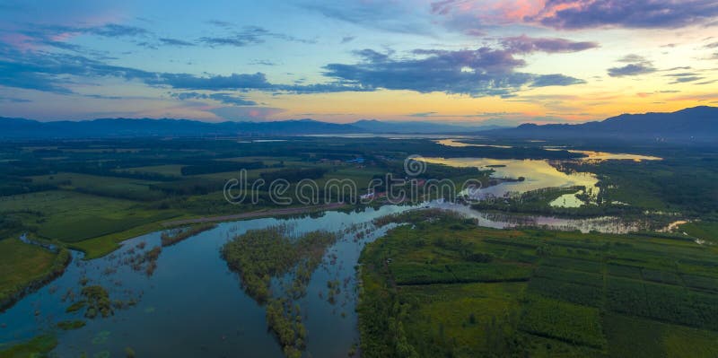 Sunset on River and Farmland Stock Photo - Image of bright, china: 66384270
