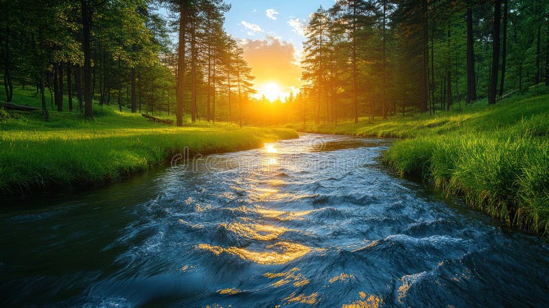 Sunset River Flowing through Forest, Nature Scene Stock Illustration ...