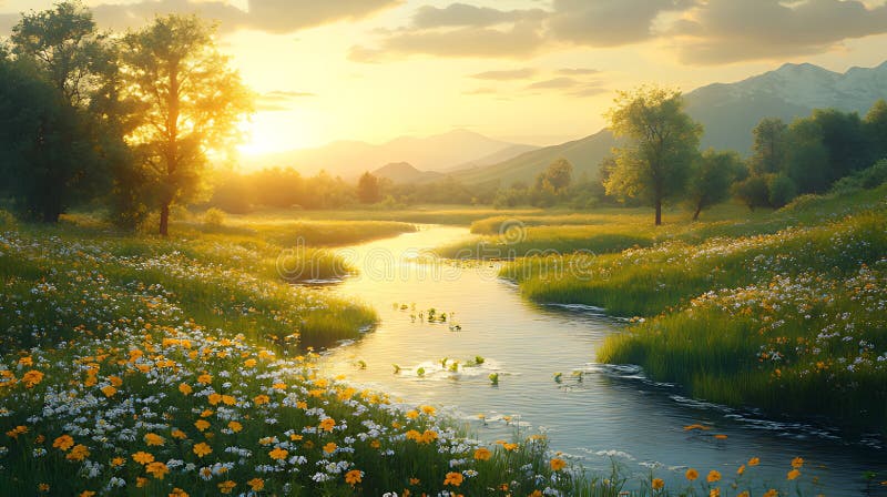 Sunset River Flows through Spring Meadow, Mountains Background, Idyllic ...