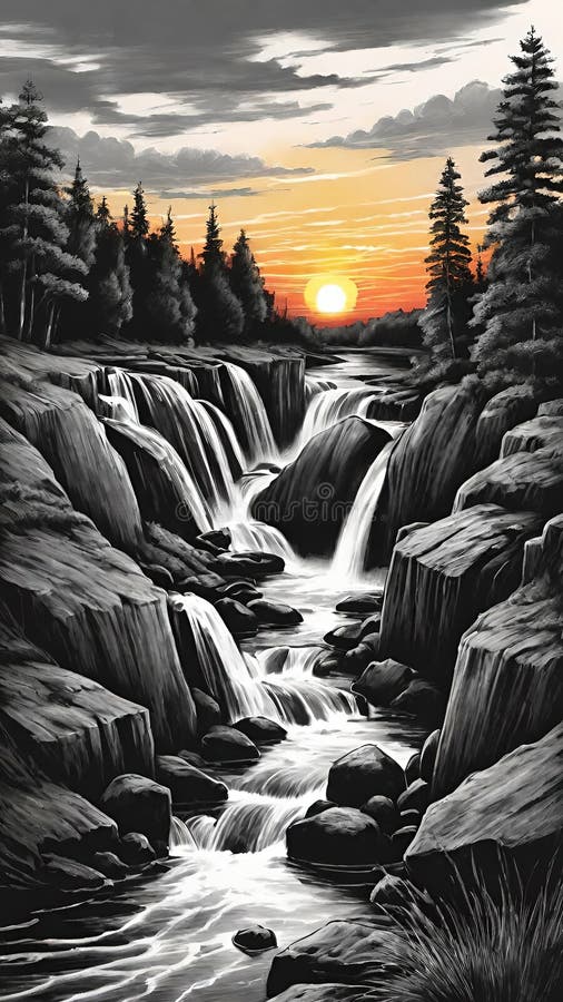 Sunset on the River.Sunset Over a River with a Waterfall and Trees in ...